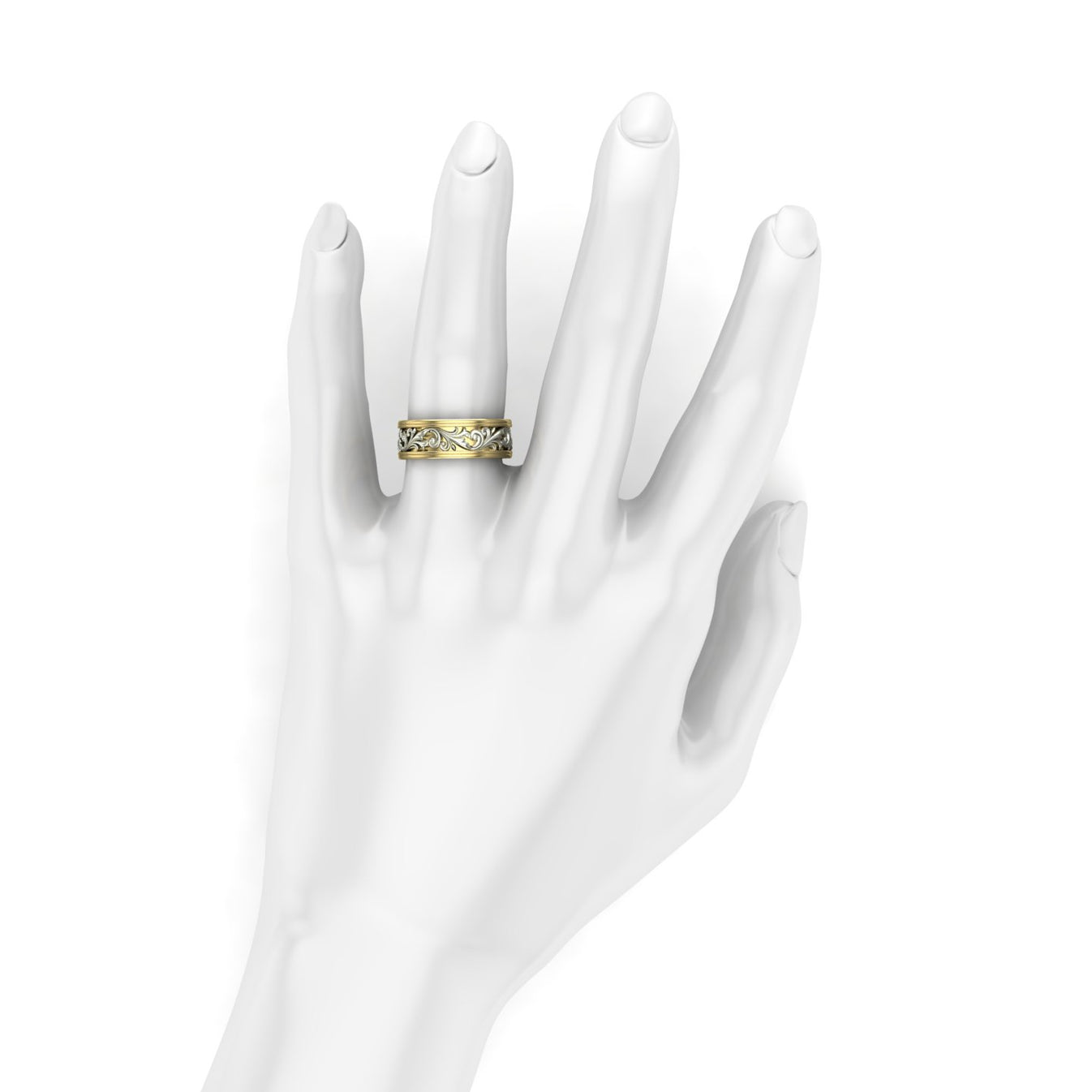 Gents Wide Two Tone Scroll Wedding Band in 14k Yellow and White Gold ...